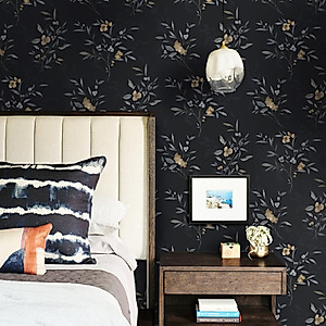 Feisoon Black and Gold Wallpaper Flower Wallpaper Floral Leaf Contact Paper Self Adhesice Wallpaper 16.14"x78.7" Waterproof Contact Paper Removable Wallpaper for Furniture Cabinet Stair Wall Decor