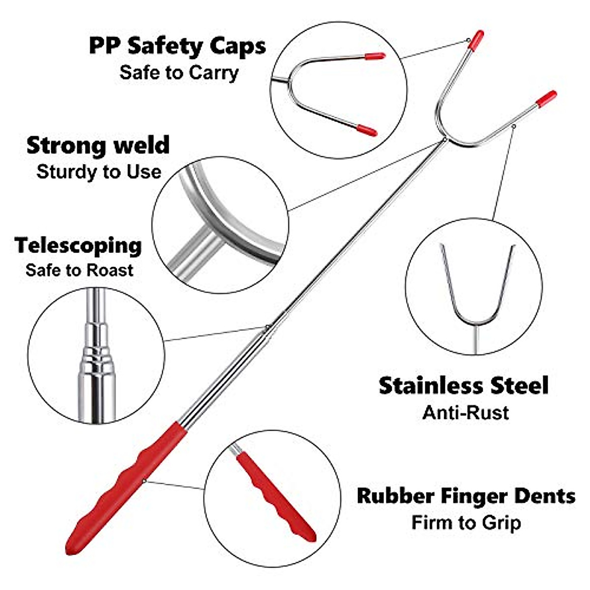 Liund Marshmallow Roasting Sticks, Smores Skewers for fire Pit Set of 4 Sturdy Stainless Steel, Multi-Color, Telescopic 45-inch Premium Safe Roasting Sticks for BBQ/Bonfire/Campfire/Hotdog/Grilling