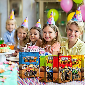 Pajean 28 Pcs Monsters Truck Party Favor Bags Themed Paper Gift Bags Racing Trucks Goody Treat Candy Bags for Monsters Truck Themed Birthday Party Supplies(16 Pcs, Simple)