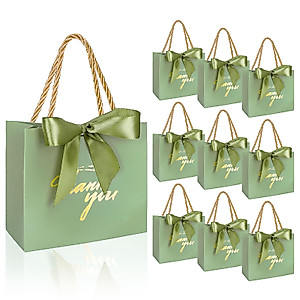 Whaline 50Pcs Thank You Paper Gift Bags with Bow Sage Green Party Favor Bags with Handles for Wedding Bridal Baby Shower Birthday Party (Assembly Required)