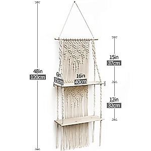 SUMGAR Macrame Wall Hanging Shelves 2 Tier - Boho Hanging Plant Shelf for Wall, Wood Color Woven Rope Floating Shelf, Boho Shelf Window, Bedroom, Bathroom Indoor Wall for Mother's Day, Birthday