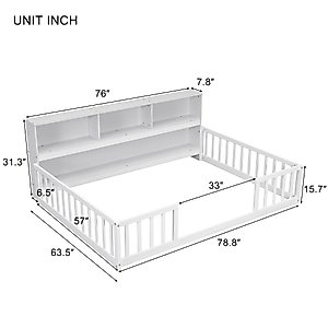 Full Size Bed Frame with Side Bookcase, Floor Bed Frame Full Size with Storage Shelves, Full Size Platform Bed Frame with Safety Guardrails, Montessori Bed Frame without Slats for Girls, Boys, White