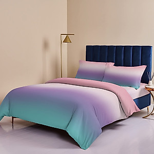 Chucoco Full Duvet Covers Set Pink Purple Teal Color Gradient 4 Pcs Bedding Sets Brushed Microfiber Quilt Covers Lightweight Cozy Flat Sheet with 2 Pillowcases Ombre Colored Abstract Art