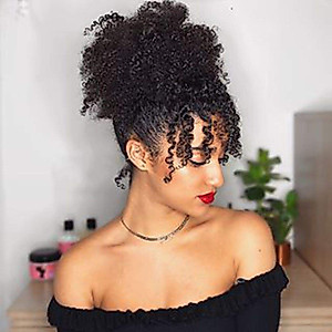 CINHOO Curly Ponytail Wigs for Black Women Hair Balls for Girls Natural Hair Wig Afro High Puff Bun Hair Pieces for Women Synthetic Drawstring Ponytail Extension for Black Women Pontail with Bangs