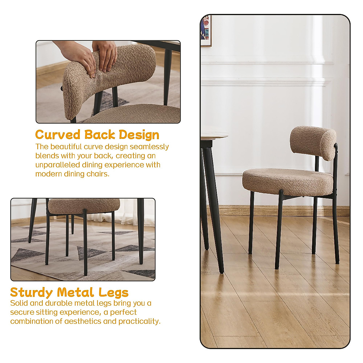 EDWELL Dining Chairs Set of 4, Round Upholstered Dining Room Chairs, Curved Backrest Boucle Dining Chair for Kitchen, Living Room, Mid Century Modern Dining Chairs with Black Metal Legs