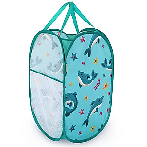 WEI LONG Mesh Popup Hamper-Foldable Lightweight Basket for Washing-Durable Clothing Storage for Kids Room,Students College Dorm,Home,Travel & Camping-Pop-up Clothes Hamper (Peacock Blue Dolphin)