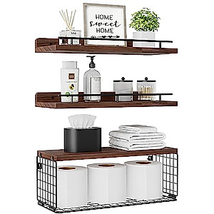 Xeapoms Floating Shelves with Wire Storage Basket, Wall Mounted Bathroom Shelves Over Toilet with Metal Guardrail, Rustic Wood Wall Shelf for Bathroom Decor,Bedroom,Living Room,Kitchen – Rustic Brown