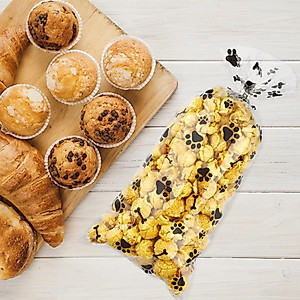 100 Pieces Paw Print Dog Treat Bags, Dog Print Cellophane Treat Bags, Dog Paw Print Gift Bags, Heat Sealable Candy Bags with 100 Silver Twist Ties for Pet Birthday Party Favor Supplies, Black