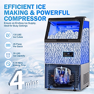 Commercial Ice Maker Machine 130Lbs/24H, Undercounter/Freestanding Ice Machine, 45 Ice Cubes in 4-15 Minutes, 35 lbs Ice Storage, 2 Water Supply Modes - Perfect for Home, Bar, and Outdoor