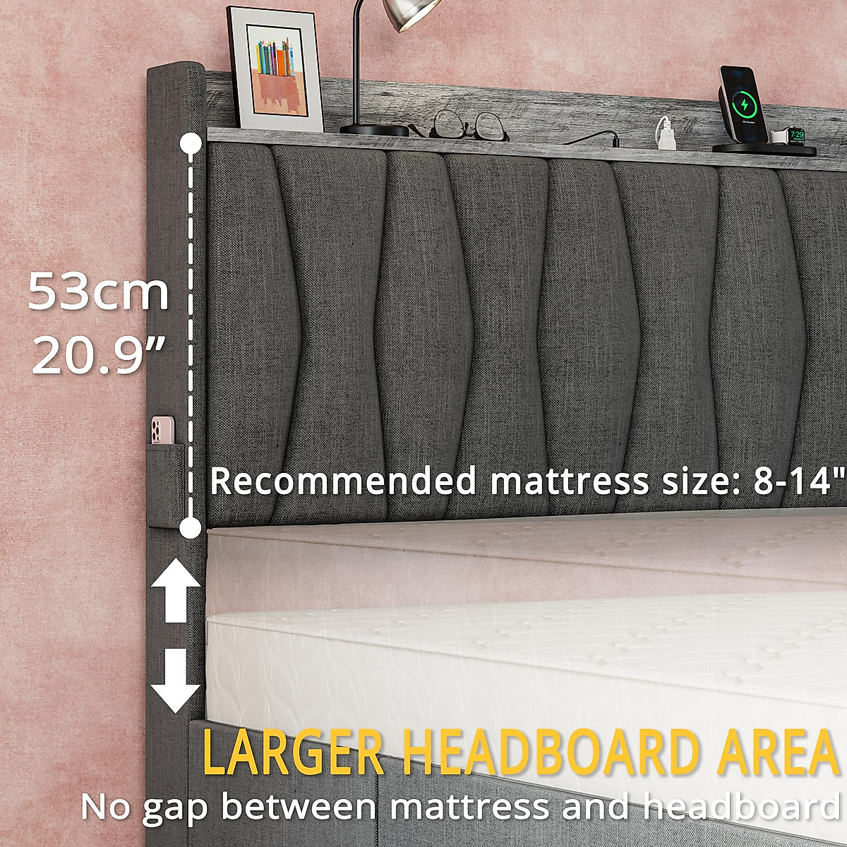 ANCTOR Queen Size Bed Frame with Storage Headboard and Charging Station, Upholstered Platform Bed with 3 Drawers, No Box Spring Needed, Easy Assembly, Grey