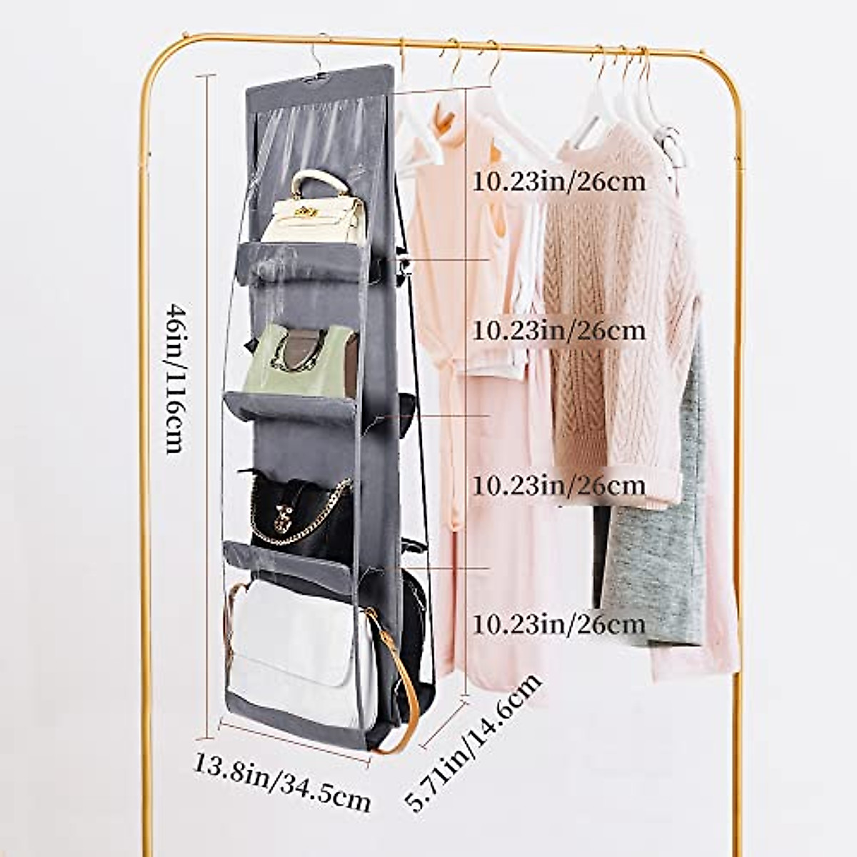 Ceuku Hanging Handbag Organizer 2 Pcs Hanging Purse Organizer with 8 Easy Access Pockets Dustproof Hanging Bag Organizer for Purse Handbag, Purse Organizer for Closet Space Saving Grey 46” L x 13.8” W