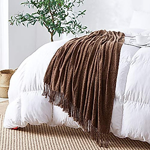 BOURINA Chenille Throw Blanket with Decorative Fringe for Couch Sofa Chair Blanket (50x60 Inches) Brown