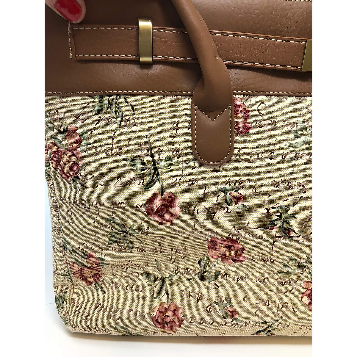 BANBERRY DESIGNS Pink Rose Tapestry Tote Bag With Brass Buckles 15