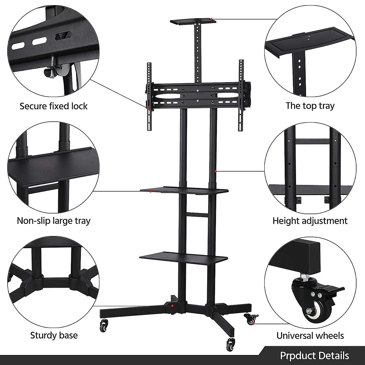 Yaheetech Adjustable Mobile TV Stand Rolling TV Cart Mount Universal fits 32 to 75 inch for LCD LED Plasma Flat Panel Screen with Locking Wheels and Storage Shelves