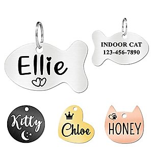 Ultra Joys Cat Tags Personalized Small Cat Dog ID Tag - Cat Collar with Name Tag Pet Tags for Cats - Stainless Steel Cat Name Tags - Pet Tags for Cats Both Side Engravable, Fish Tag in Silver