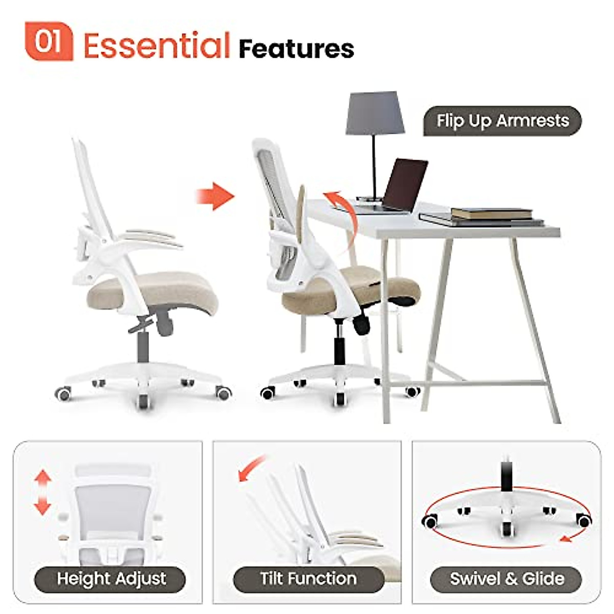NEO CHAIR High Back Mesh Chair Adjustable Height and Ergonomic Design Home Office Computer Desk Chair Executive Lumbar Support Padded Flip-up Armrest Swivel Chair (Beige)