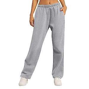 Straight Wide Leg Sweatpants for Women Joggers with Pockets Fleece High Waist Warm Trousers Casual Comfy Drawstring Sweat Pants Fleece Lined Sweatpants for Girls Y2k Clothes Fleece Joggers Pants