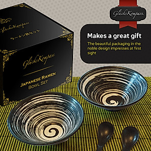Japanese Ramen Bowl Set (8 pcs, ceramic) with chopsticks, spoons, large 8 inches diameter, 32 oz (1 quart) | microwavable | Pho Bowls Noodle Soup Bowl Asian Rice Bowl