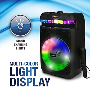 Singsation Portable Karaoke Machine, Two Microphones, 5.0 Bluetooth, 8" Driver Loudspeaker, Remote Control and LED Lights, Rechargeable, USB and Micro SD Music File Reader, AUX and FM for Party