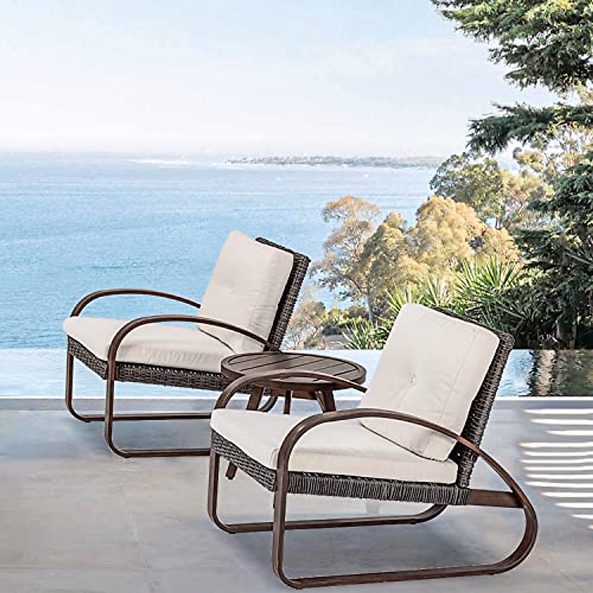 COSIEST 3-Piece Outdoor Patio Bisrto Set, PE Wicker Furniture Sets Aluminum Armchair Club Chairs w Off-White Thickened Cushions, Coffee Table for Garden, Pool, Backyard