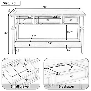 50" Classic Retro Console Table, Solid Wood Sofa Side Table with 3 Top Storage Drawers and Open Style Bottom Shelf for Living Room, Entryway, Hallway and Bedroom, Easy Assembly (Antique White-02)