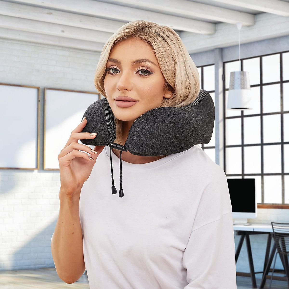 DEPAJA Neck Pillow for Travel, 100% Pure Memory Foam Soft Pillow for Airplane Sleeping U Shaped Pillow for Head, Chin Support, Rest Pillow for Flights, Office, Car & Home Recliner (Black)