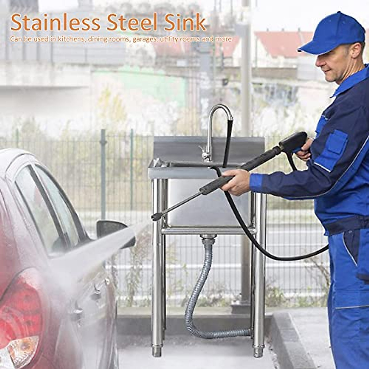 QQXX Stainless Steel Commercial Kitchen Sink,Free Standing Sink Single Bowl,Utility Sink with Faucet for Restaurant Kitchen Laundry Garage Indoor Outdoor Washing Hand Basin