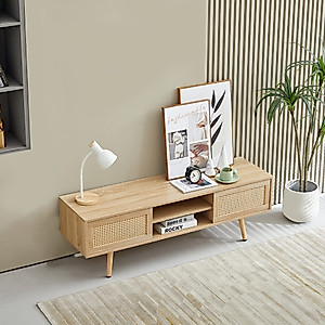 Rattan TV Stand Entertainment Center, 55" L TV Console Table Storage Cabinet Wooden Sliding Doors Plastic Rattan for Living Room Farmhouse Furniture (oak-55)