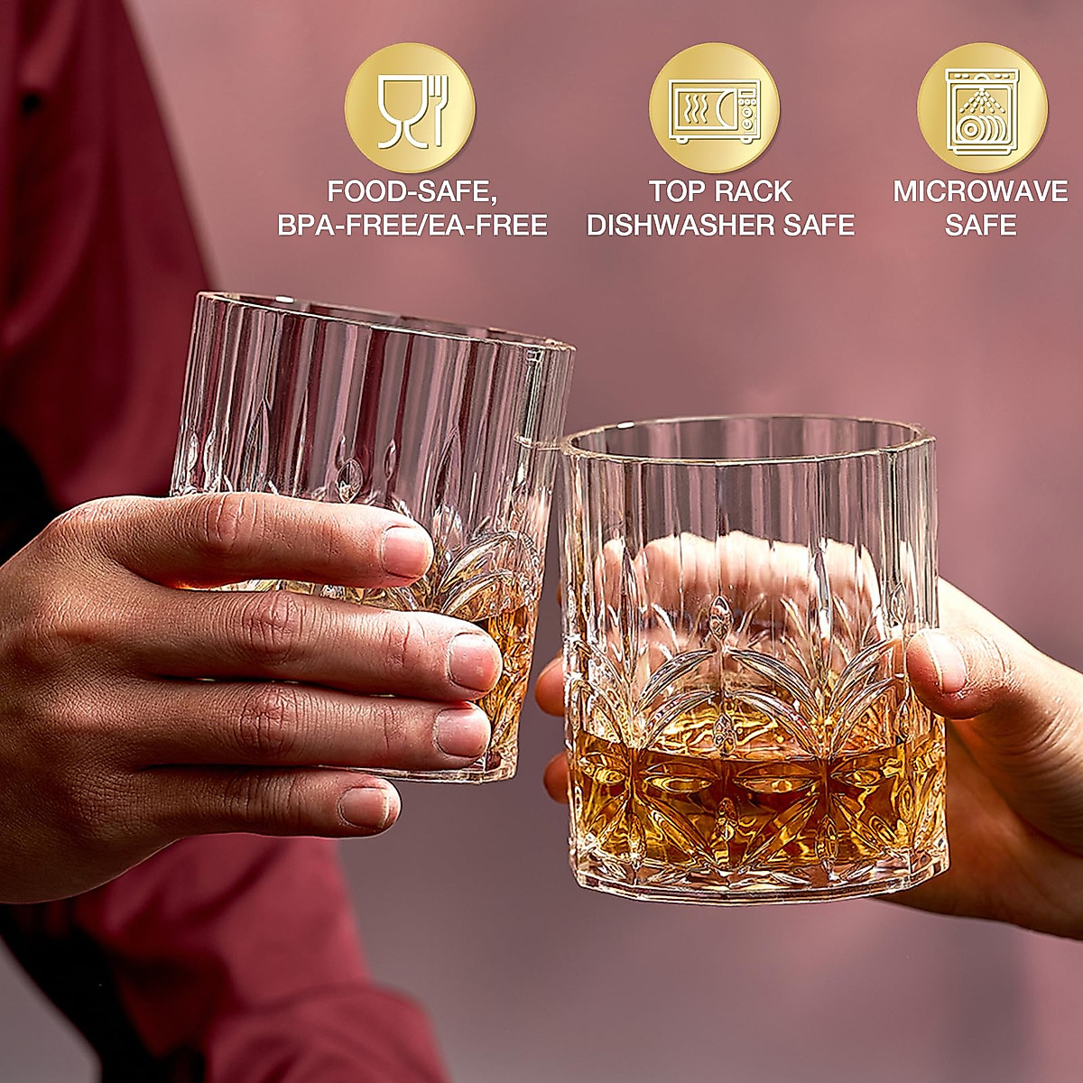 Hlukana Unbreakable Plastic Whiskey Glasses Set of 6, 14 Oz Old Fashioned Glasses for Scotch Cocktail Rum Bourbon Vodka Liquor, Unique Gifts for Men, Reusable, Clear, BPA-free, Dishwasher Safe