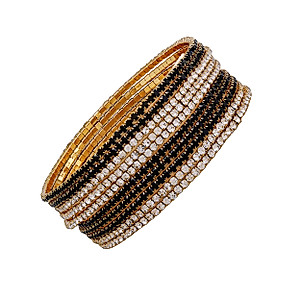 GUESS Goldtone 10 Piece Set with Clear and Black Rhinestone Stretch Bracelets