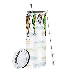 MoYueno Fishing Gifts, Slim Fish Tumbler with Lid & Straw & Brush, Fisherman Cup, Grandpa Fishing Gifts, Fathers Day Gift For Dad, 20 Oz