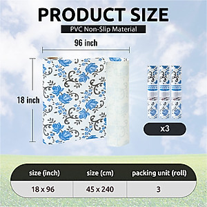 FIFTY FEET 18X96 Inch Shelf Liner for Kitchen Cabinets, PVC Drawer Liner for Dresser Non-Slip Bathroom, Non-Adhesive Cabinet Liner Washable (Blue Floral)(3 Roll)