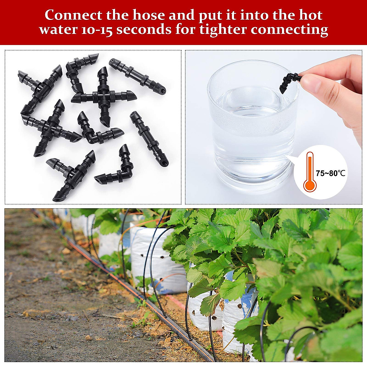 200 Pieces Drip Irrigation Fittings Kit for 1/4 Inch Tubing, 50 Straight Barbs, 50 Tees, 50 Elbows, 50 4-Way Couplings, Barbed Connectors with Plastic Box for Garden Lawn Drip, Sprinkler Systems,Black