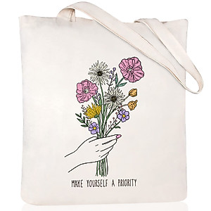 Andeiltech Canvas Tote Bag for Women Aesthetic Floral Tote Bag Wildflower Printed Book Lover Shoulder Reusable Grocery bags