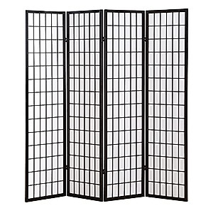 Roundhill Furniture Oriental Shoji 4 Panel Screen Room Divider, Black