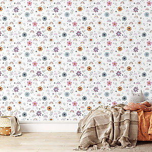 CHIHUT Boho Rainbow Peel and Stick Wallpaper - Watercolor Cute Flowers Stars Contact Paper for Kids - Self Adhesive Removable Wall Decals for Girls Bedroom Cabinets Walls 17.7"x100"