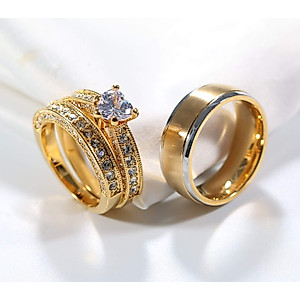 2 Rings His and Hers Couple Rings Bridal Sets Yellow Gold Plated Heart Cz Womens Wedding Ring Sets Tungsten carbide Man Wedding Bands