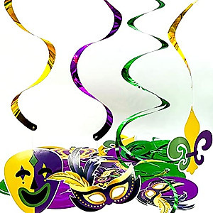 Mardi Gras Decorations, Mardi Gras Decor Ceiling Hanging Swirls, Gold Green Purple Masquerade Masks Crown Mask Foil Hanging Swirls, New Orleans/Birthday/Mardi Gras Theme Party Decor Supplies