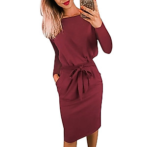 PRETTYGARDEN Women's Fall Bodycon Party Dress Casual Long Sleeve Tie Waist Fitted Sheath Pencil Dresses with Pockets (Wine Red,Large)