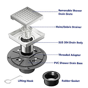 Neodrain 4-Inch Square Shower Drain with Removable Quadrato Pattern Grate, PVC Shower Drain Base and Rubber Gasket for Bathroom Floor Drain, Brushed 304 Stainless Steel, Includes Hair Strainer