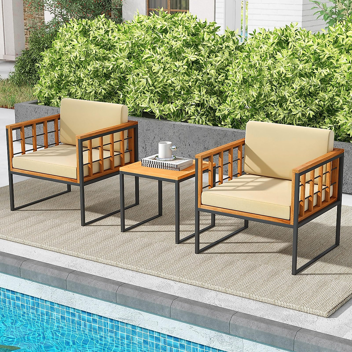 Tangkula 3 Pieces Patio Chair Set, Acacia Wood Outdoor Sofa Set with Metal Support, Soft Seat & Back Cushions Included, Cushioned Bistro Set for Balcony, Porch, Backyard (Beige)