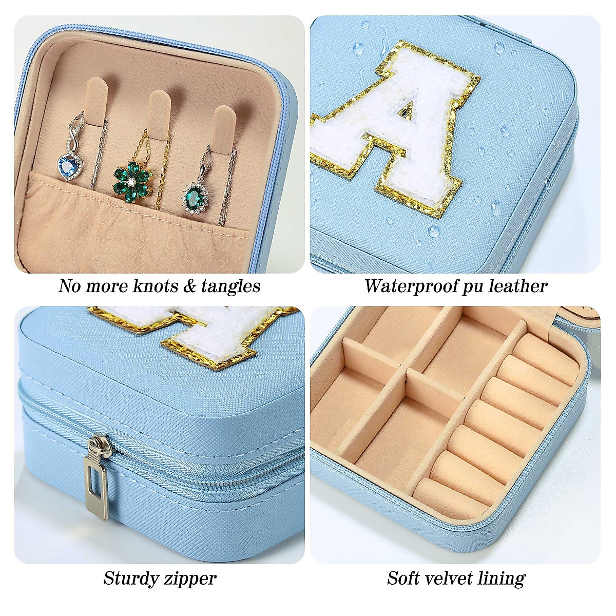 Parima Christmas Gifts for Mom - Small Travel Jewelry Box, Travel Jewelry Case with Mirror for Necklace Earrings Rings Organizer | Birthday Gifts Christmas Travel Gifts for Mom - Letter F, Sky Blue