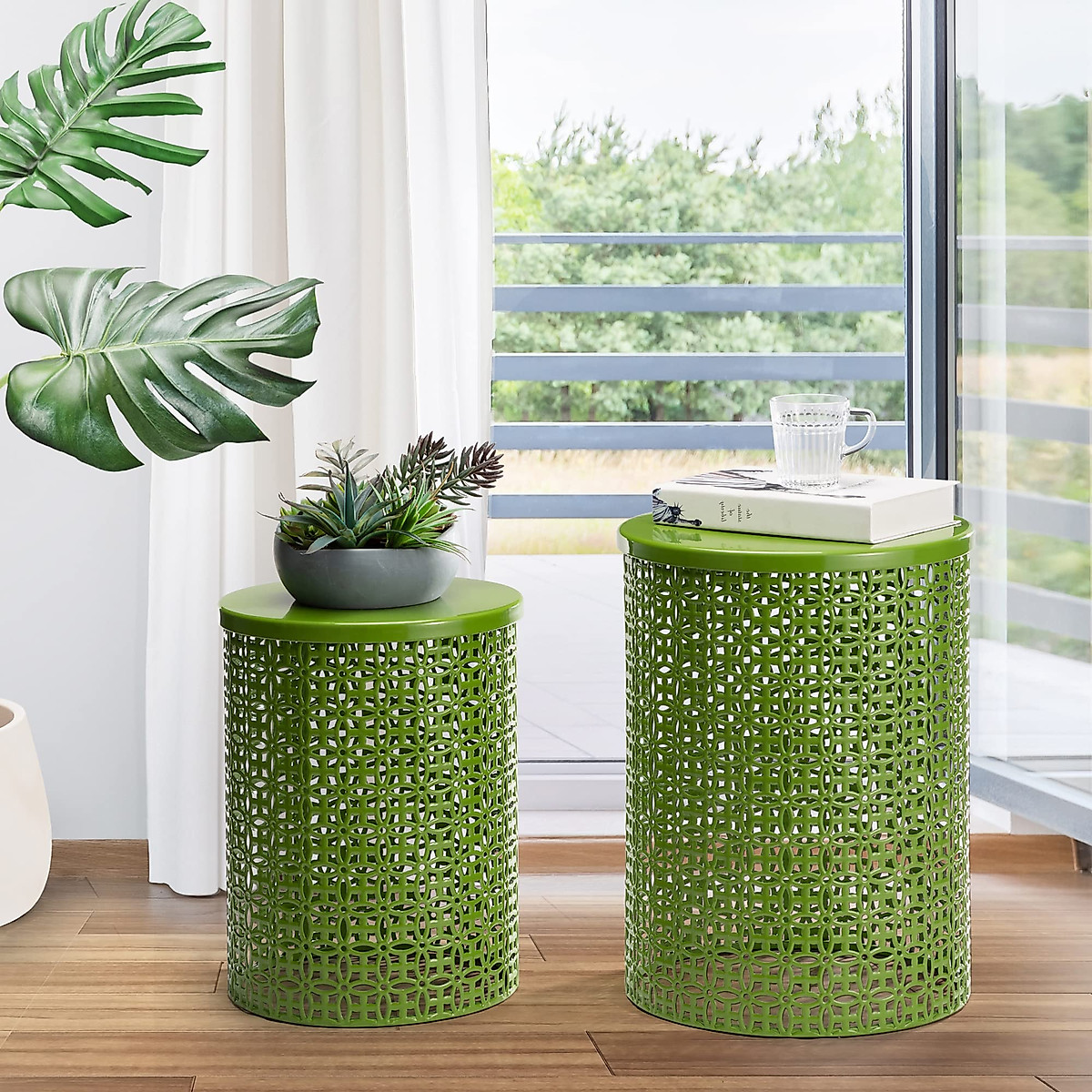 Glitzhome Outdoor Side Table Set of 2, Decorative Garden Stool for Indoor Outdoor Heavy Duty Metal Frame Accent Table Modern End Table, Glossy Green
