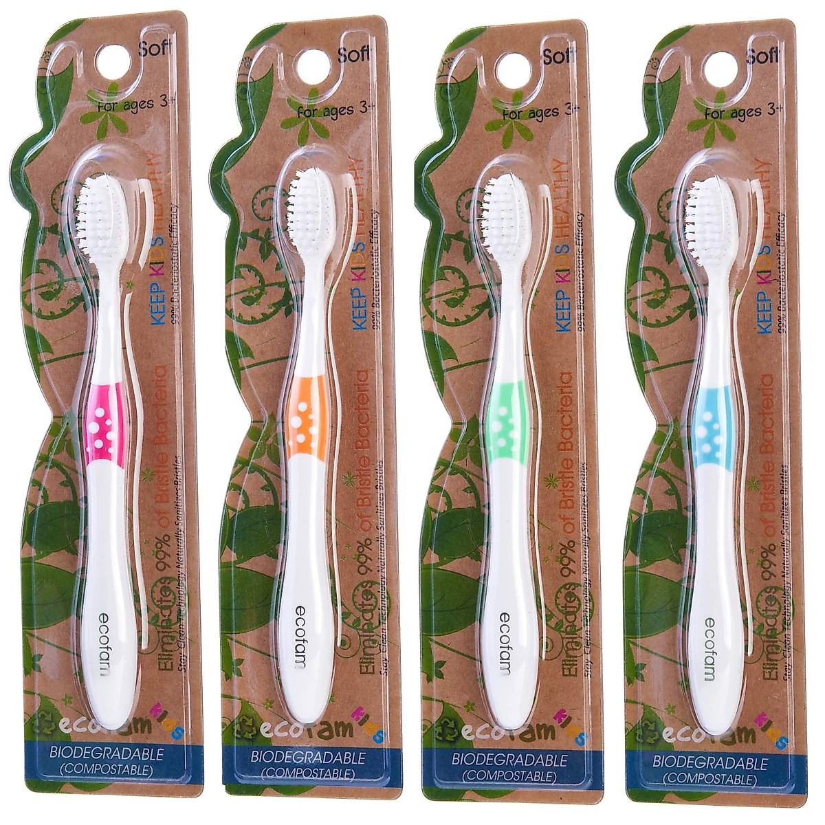 EcoFam by Focus Nutrition Earth Friendly Kids Toothbrushes - Silver Infused Soft Bristle Toothbrush (4 Pack)