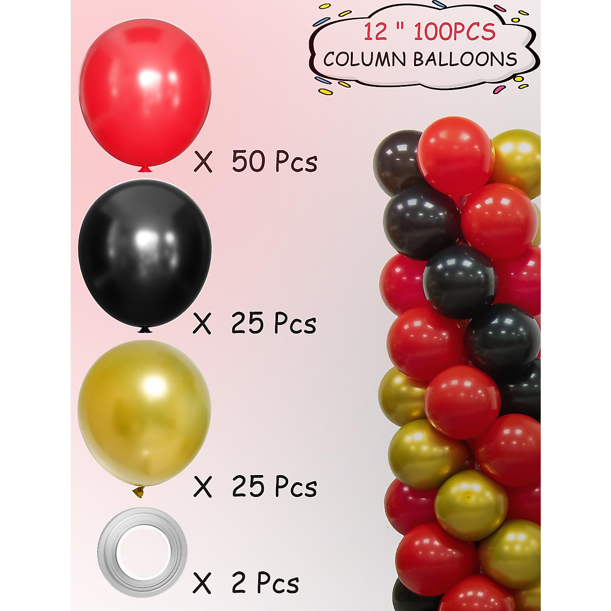 MOXMAY Red Black and Gold Balloons for Column Stand, 100 Pcs 12 Inch Tower Balloons for Wedding Baby Shower Birthday Bachelorette Engagement Anniversary Graduation Party (Balloons Only)