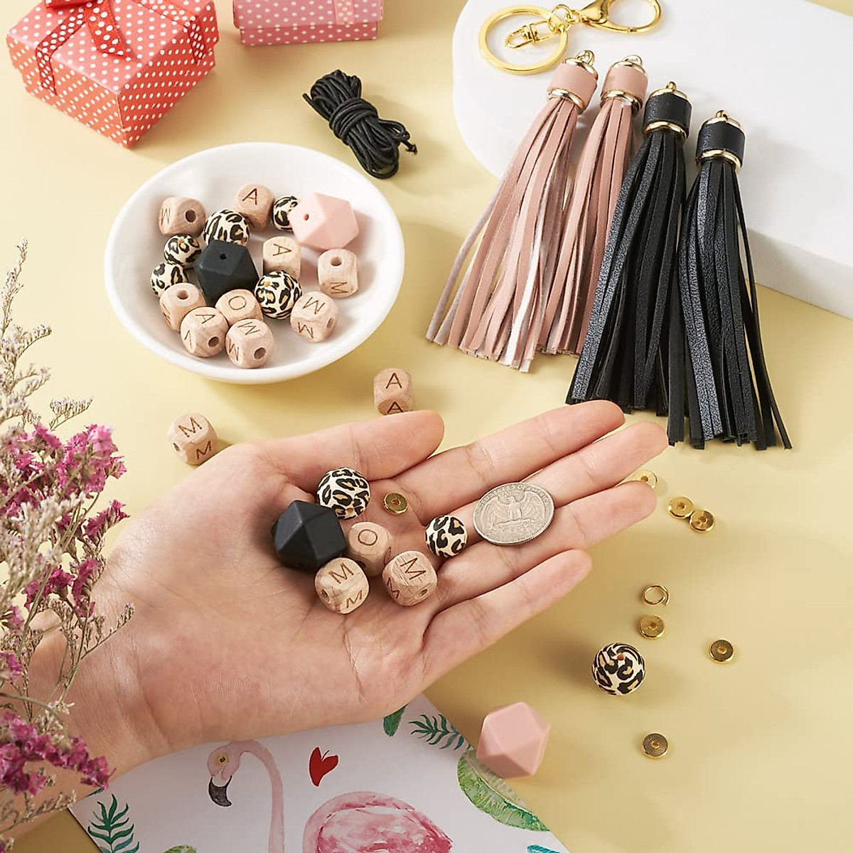 FASHEWELRY 54pcs Mama Silicone Bracelet Keychain Kit 12mm 15mm Leopard Print Silicone Beads Polygonal Silicone Rubber Beads for Mother’s Day Gift Mom Sister Auntie