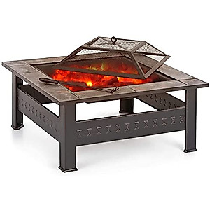LEAYAN Garden Fire Pit Grill Bowl Grill Barbecue Rack Outdoor Fire Pit Table, Multifunctional Garden Terrace Fire Bowl with Stainless Steel Grill and Log Poker, for Outdoor Patio Fire Pits