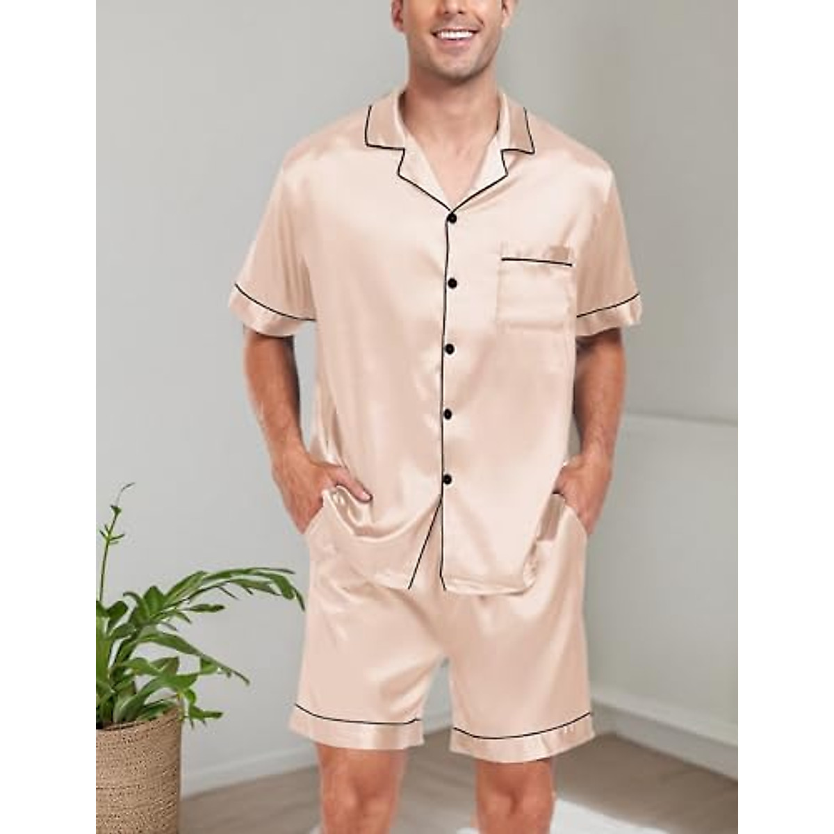 SWOMOG Couple Matching Pajamas Sets Women & Men Button Down Silk Pjs Short Sleeve Soft Lounge Sets 2 Pcs Loungewear Champagne