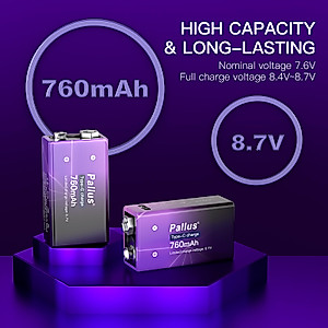 Pallus 9V Rechargeable Battery Pack, 4-Pack 760mAh Li-ion USB 9 Volt Battery for Smoke Alarms, Wireless Microphones, Smoke Detectors, Toys, Flashlights, Guitar