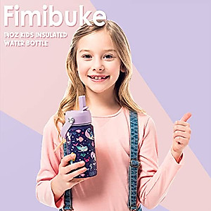 Fimibuke Kids Insulated Water Bottle - 14oz BPA-FREE Double Wall Vacuum Tumbler 18/8 Stainless Steel Leak Proof Kids Cup with Straw Metal Water Bottle for School Boy Girl (2 Pack, RAINBOW+MERMAID)